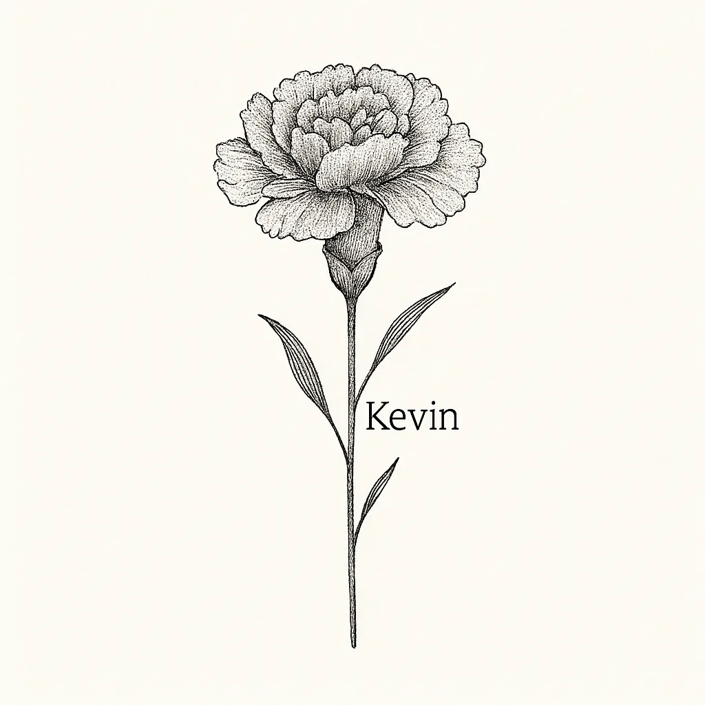 Fine Line Carnation Flower Tattoo with 'Kevin' Name | PokeINK AI Tattoo ...