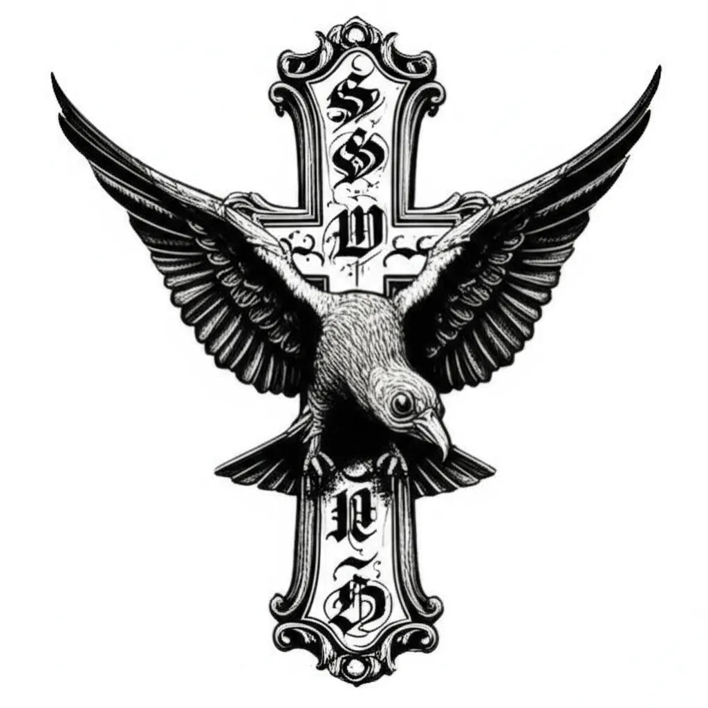 Gothic Cross and Bird Tattoo Design | PokeINK AI Tattoo Generator